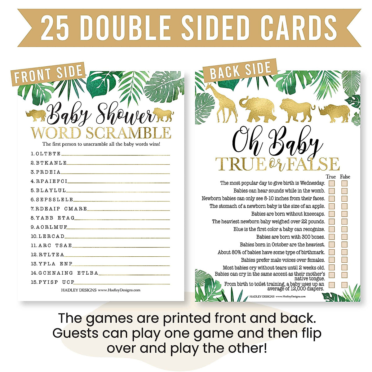 25 Safari Word Scramble For Baby Shower, 25 True Or False Game, 25 Baby Animal Matching, 25 Nursery Rhyme Game - 4 Double Sided Cards Baby Shower Ideas, Baby Shower Party Supplies