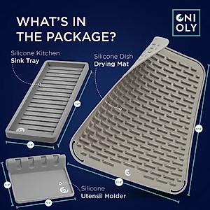ONIOLY Silicone Dish Drying Mat for Kitchen Counter - 17.8" x 15.8" Quick Drying Mat - 12” Sink Sponge Holder - 5.4" Utensil Organizer (Gray)