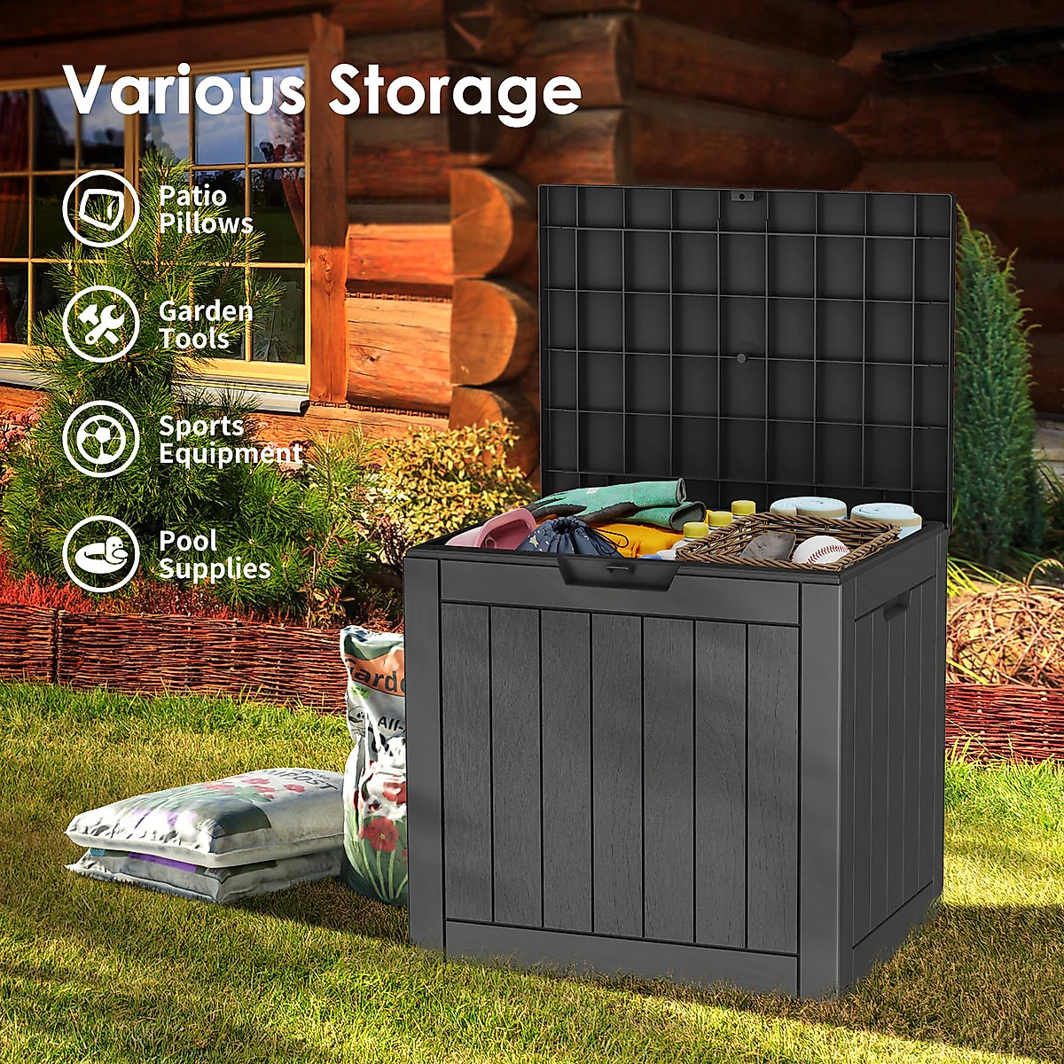 Clussbin 30 Gallon Deck Box Lockable Resin Waterproof Outdoor Storage Delivery Box Waterproof for Patio Furniture Garden Tools Pool Supplies Black