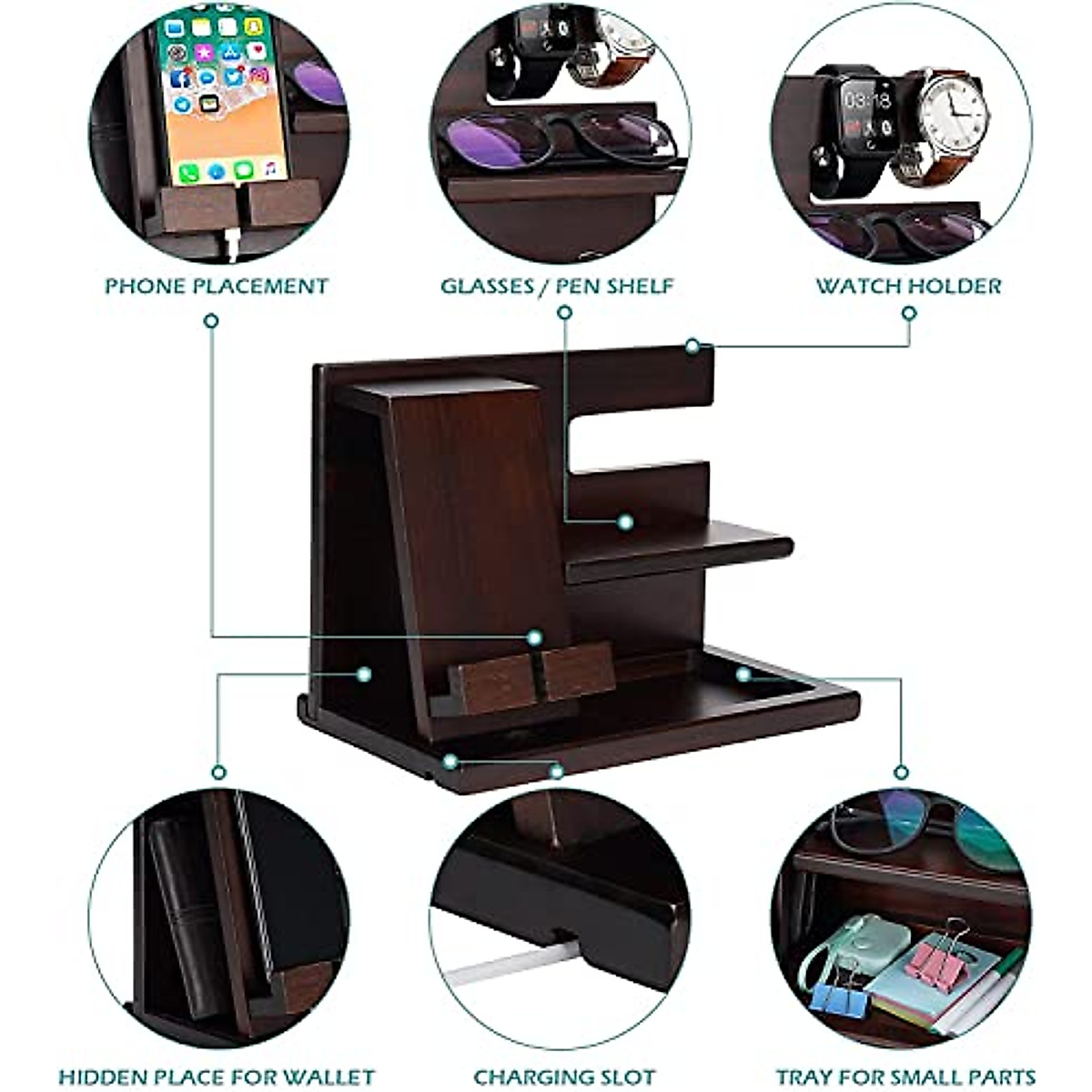 ZORMY Wood Phone Docking Station, Nightstand and Watch Organizer Ash Key Holder Wallet, Wooden Bedside Stand for Cellphone, Ring, Wallet, Pen, Coin for Men Husband Anniversary Dad Birthday