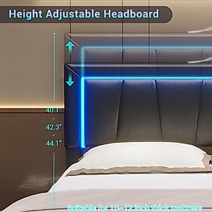 Hasuit California King Bed Frame with 4 Storage Drawers, LED Light Platform Bed Cal King Size with Charging Station, Black Artificial Leather Upholstered Headboard, No Spring Needed, Noise Free