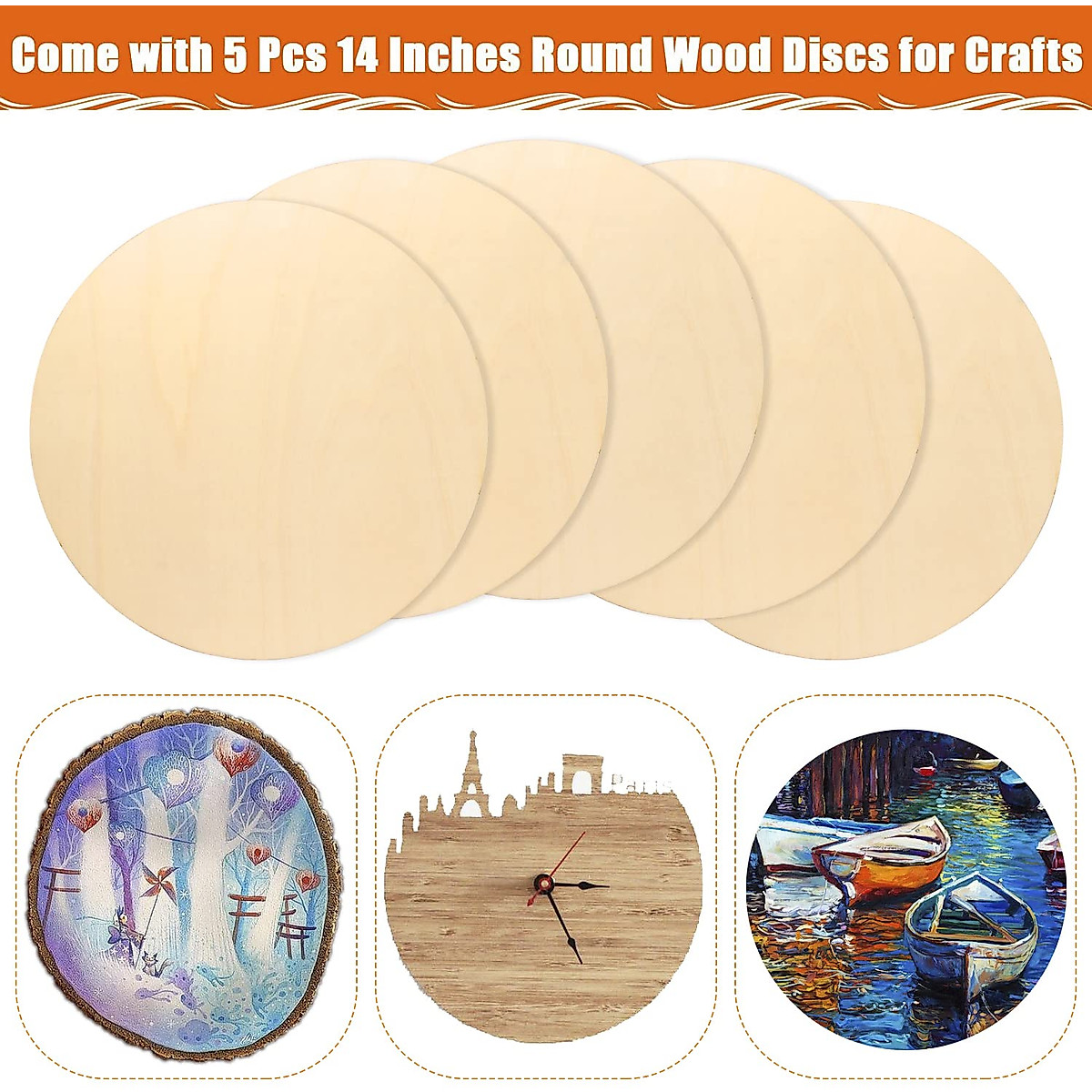 5Pcs 14 Inch Wood Circles for Crafts, Unfinished Blank Wooden Rounds Slice Wooden Cutouts for DIY Crafts, Door Hanger, Sign, Wood Buring, Painting, Christmas Décor