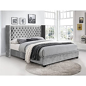 NHI Express Contemporary Velvet Upholstered Deep Button Tufting Solid Frame Platform Bed with Wood Slats King/Queen Size, Silver
