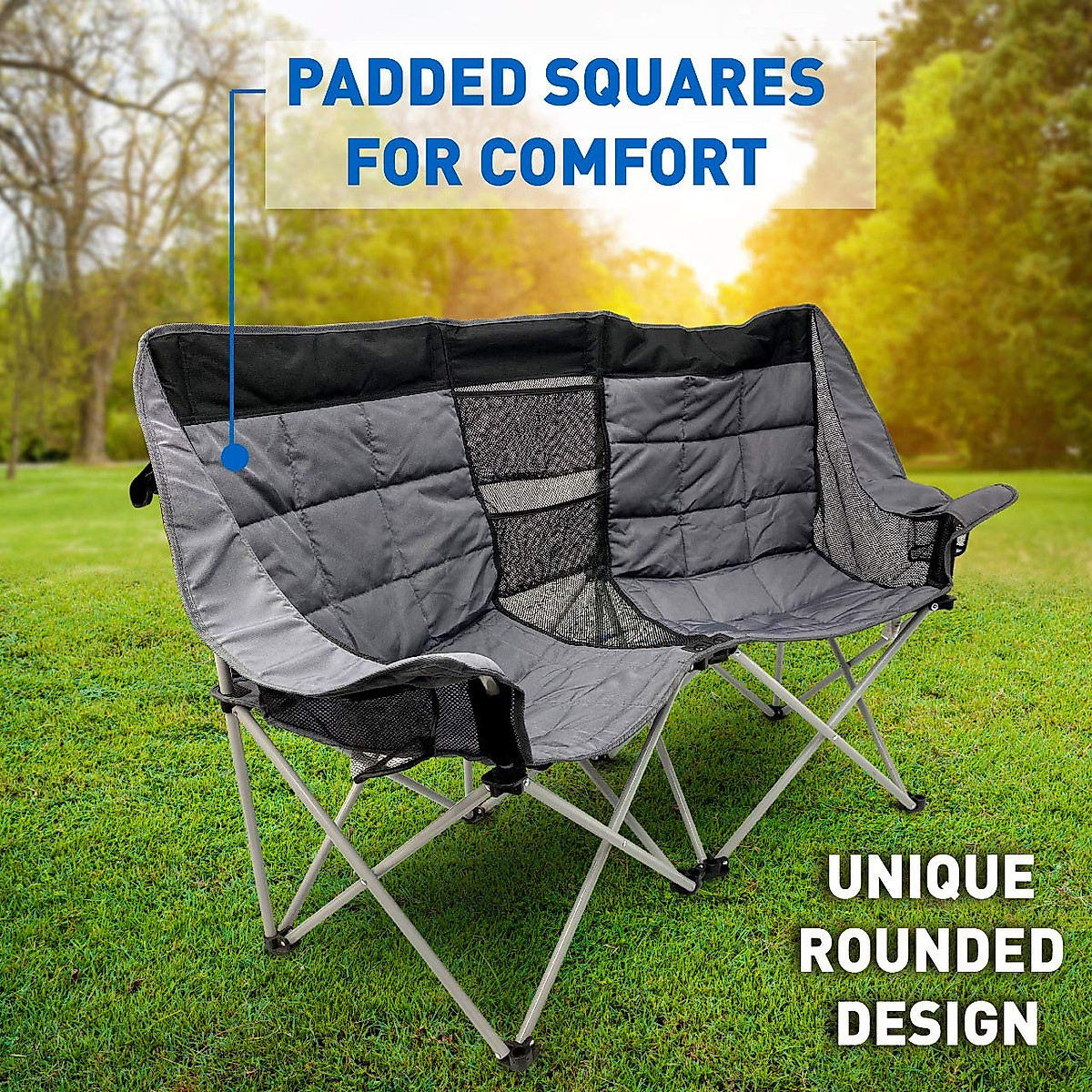 EasyGo Product Camping Chair - Double Love Seat Heavy Duty Oversized - Folds Easily and is Padded, Black Grey