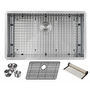 KABCO K-SSZRIS5 16 Gauge 28 Inch Undermount Zero Radius Stainless Steel Kitchen Sink Big Single Bowl Stainless Steel Grid Combo Package 28"L X 18"W X 10"D Inch