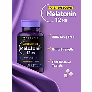 Carlyle Melatonin 12 mg Fast Dissolve 300 Tablets | Drug Free | Natural Berry Flavor | Vegetarian, Non-GMO, Gluten Free