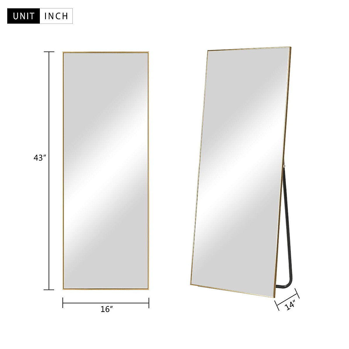 self Full Length Floor Mirror 43"x16" Large Rectangle Wall Mirror Hanging or Leaning Against Wall for Bedroom, Dressing and Wall-Mounted Thin Frame Mirror - Gold, 43" x 16" (USAM004)