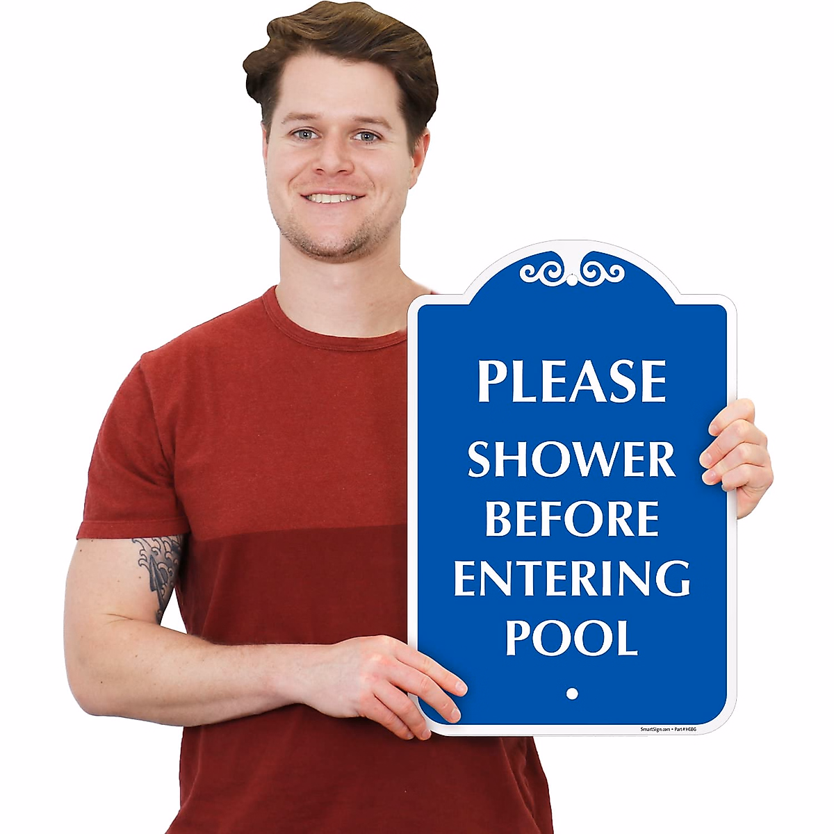 SmartSign Designer “Please Shower Before Entering Pool” Sign, 18 x 12 inch Pool Rule Sign, 120 mil Aluminum Composite (ACM) with Overcoat, Blue/White, Made in USA
