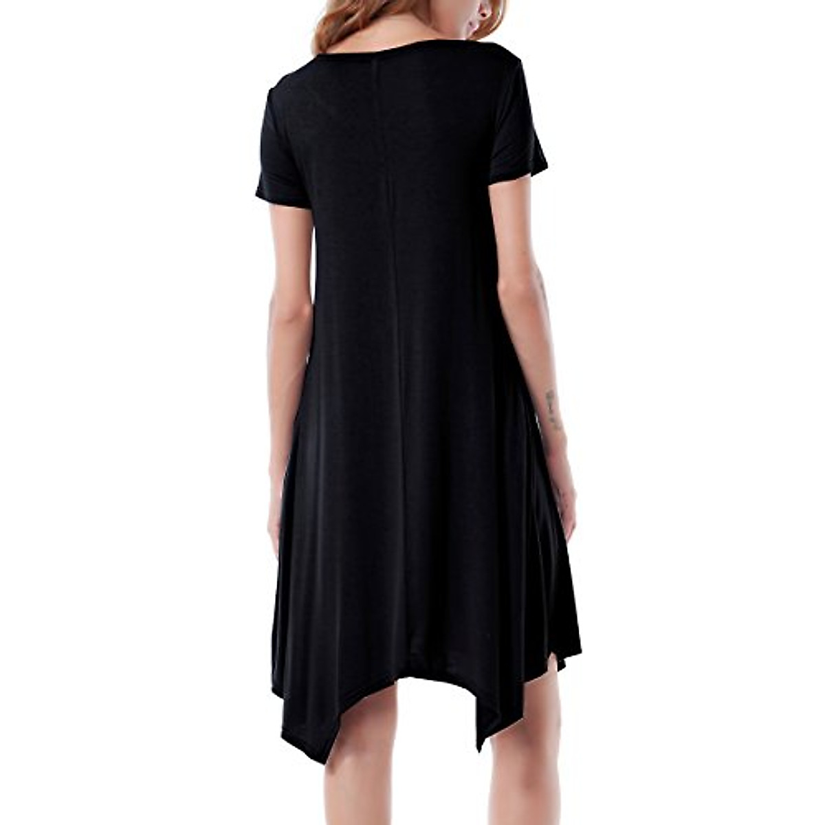 Invug Women Casual Loose Soft Crewneck Short Sleeve Pockets Swing T-Shirt Zigzag Hem Dress Black L