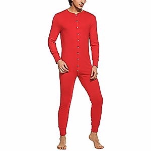 HOTOUCH Round Neck Long Sleeve Onesie Pajamas Solid Button Down Jumpsuit Bodysuit Red XL