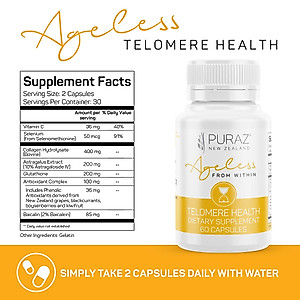 PURAZ Telomere Supplements w/Potent Astragalus Root Extract and Collagen | Superior Immune Support, Anti-Aging, DNA Repair | Pure Telomerase Enzyme for Telomere Lengthening and Support | 60 Capsules