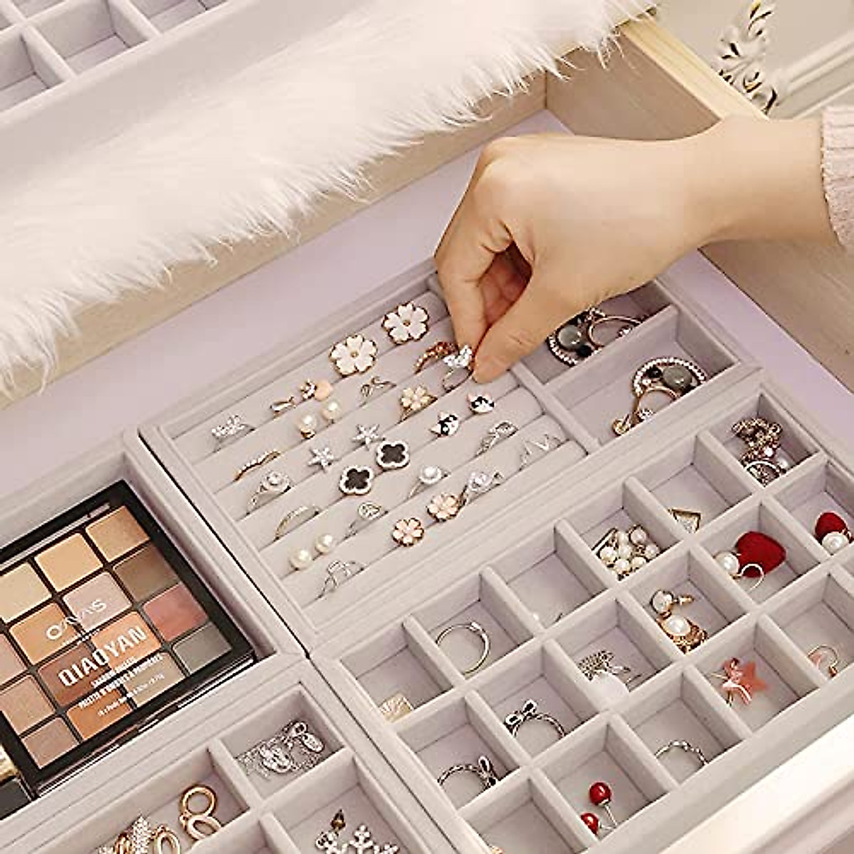STYLIFING Jewelry Drawer Organizer 4 in 1 Stackable Jewelry Organizer Trays for Drawer Rings Earrings Necklaces Bracelet Storage Showcase Box(Grey)