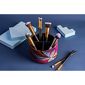 Hennaja Round Leather Art Supply Organizer,Remote Control Holder,360 Degree Rotating,Multi-Functional Pencil Holder,4 Compartments Desktop Stationary Organizer(1-Fractal Flower)