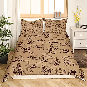 Kids Wild West Cowboy Bedding Set Full Size Western Decor Duvet Cover for Boys Girls Teens Bedroom Decor Rodeo Cowboy Style Comforter Cover Set Brown Bedspread Cover with 2 Pillow Case