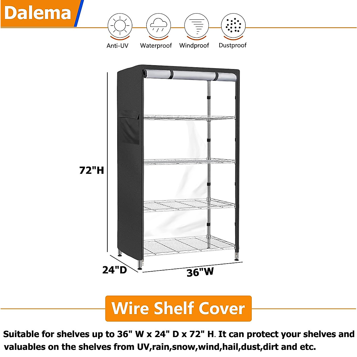 Dalema Waterproof Shelf Cover,600D Heavy Duty Dustproof Storage Wire Rack Covers,Outdoor Shelving Covers for Wire Shelves with Zipper 36''x24''x72'',Black.