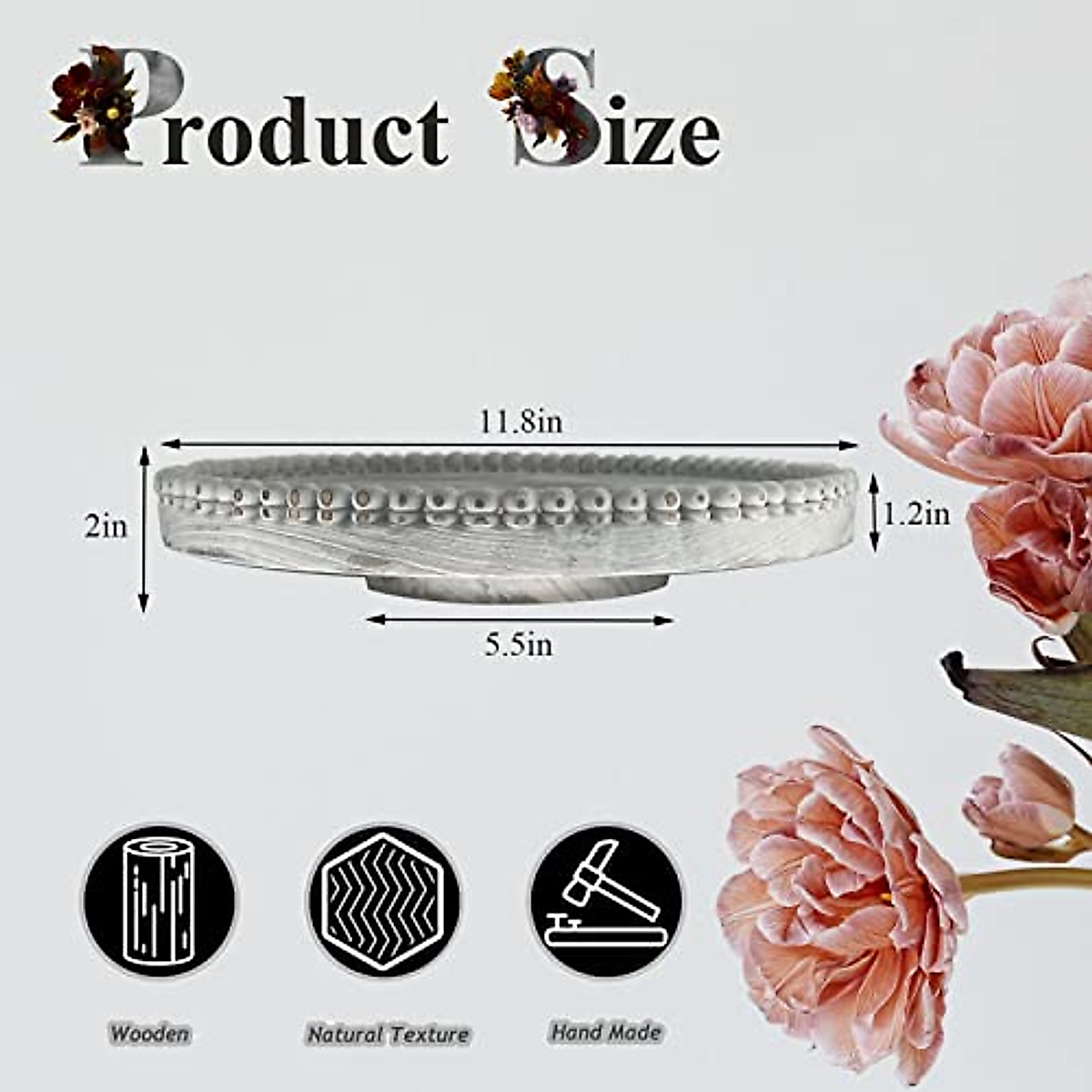 White Beaded Lazy Susan Wooden Kitchen Turntable Wooden Round Swivel Tray Kitchen Decorative Tray 360 Degree Rotation Lazy Susan Dining Table Sideboard Tray Rack Kitchen Decorative Tray (12")