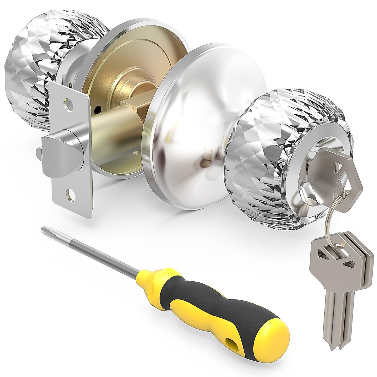 Vammcht Door Knob with Lock, Crystal Door Knobs Interior with Keys, Modern Diamond/Glass Door Lock Heavy Duty for Bedrooms Entrance Office, Polished Chrome Door Handles
