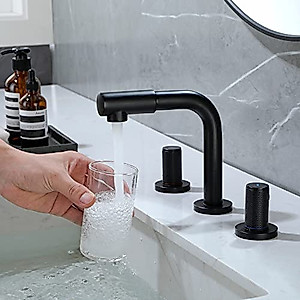 SHAMANDA 8 Inch Widespread Faucet with 360 Degree Swivel Nozzle and Spout, Modern 2 Unique Knob Handles Bathroom Sink Faucet 3 Hole Matte Black, Valve and cUPC Water Supply Hoses Included, LB801-7