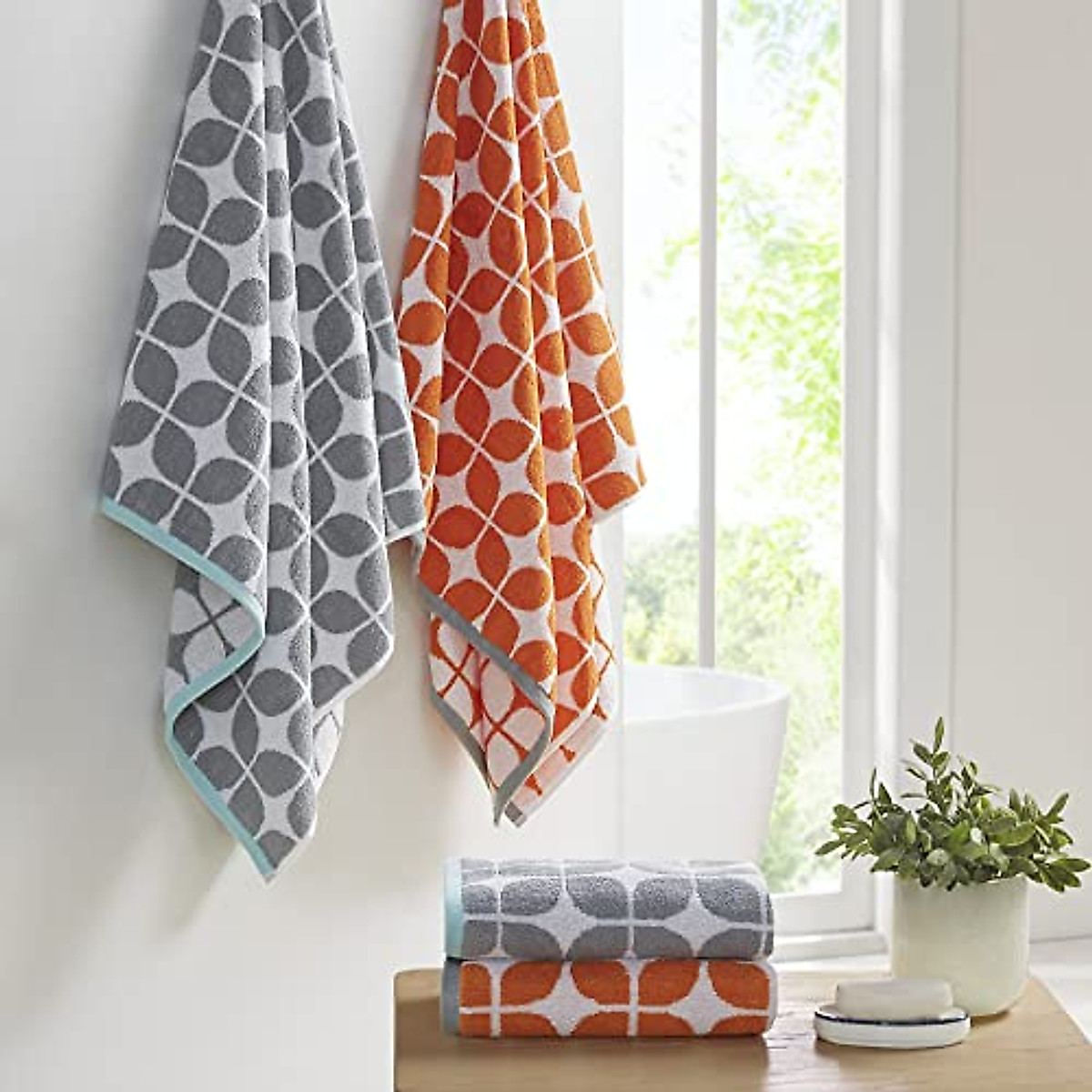 Lita Cotton Bathroom Towels , Jacquard Highly Absorbent Bath Towel Set , 6-Piece Include 2 Bath Towels & 4 Hand Towels , Orange Grey