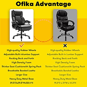 OFIKA Big and Tall Office Chair, 500lbs Office Chair for Heavy People - Adjustable Lumbar Support, Quiet Rubber Wheels Heavy Duty Metal Base, High Back Large Executive Computer Desk Chair (Black)