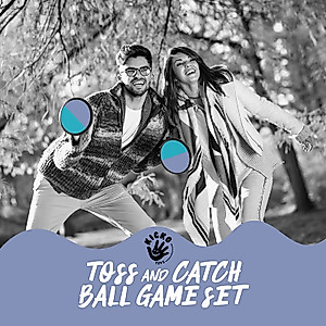 Kicko Toss and Catch Ball Game - 1 Set - Purple and Teal - Paddle Balls with Catcher Mitts, Hard and Soft Tennis Balls, and Travel Case - for Kids Indoor or Outdoor Team Sports, Backyard or Beach