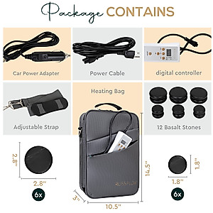 BlissFlow Massage Stone Warmer Set - Portable Heater Travel Carrying Bag - 12 Basalt Massage Heating Stones - Electric & Digital Control Stone Warmer
