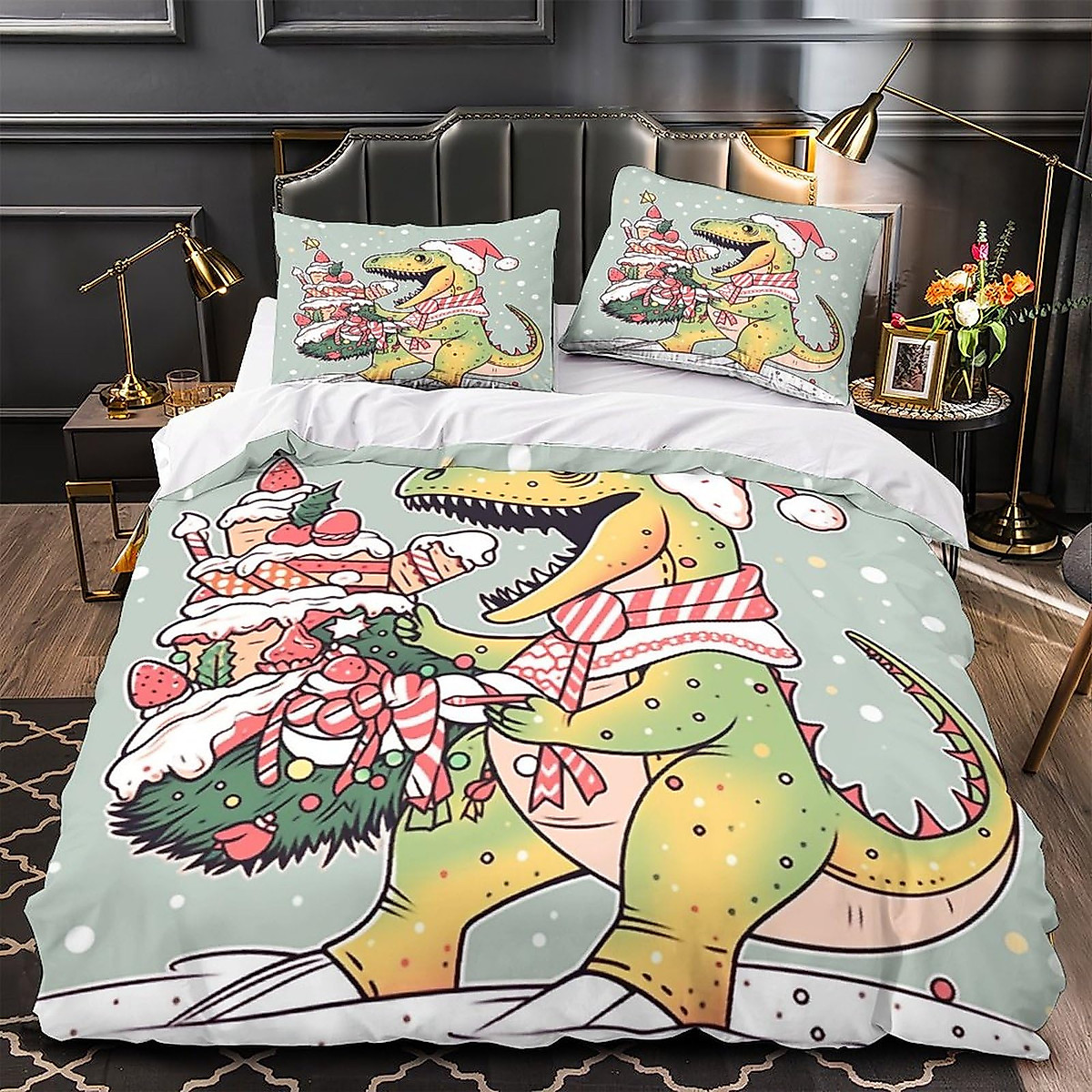 LENTLY Cartoon Dinosaur 3D Print Bedding Set Soft Microfiber Quilt Covers 3 Pieces Christmas Theme Comforter Cover with Pillowcase for Childrens and Adults Duvet Cover Twin（173x218cm）