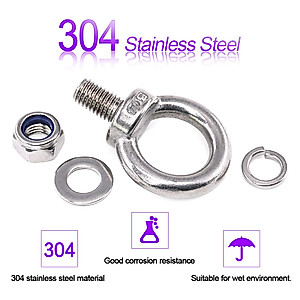 36Pcs 304 Stainless Steel M8 Male Thread Lifting Ring Eye Bolt Kit, Including 6Pcs M8 Eye Bolt with 10Pcs Lock Nuts, 10Pcs Lock Washers and 10Pcs Flat Washers