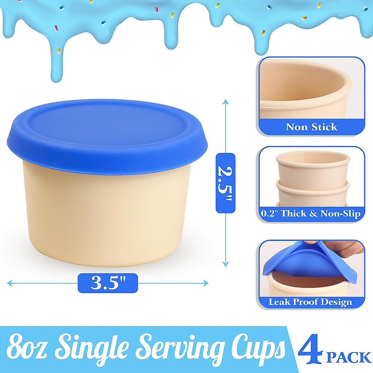 Webake Silicone Ice Cream Containers with Lids, 8oz Homemade Ice Cream Cups Reusable Freezer Storage Containers, Set of 4