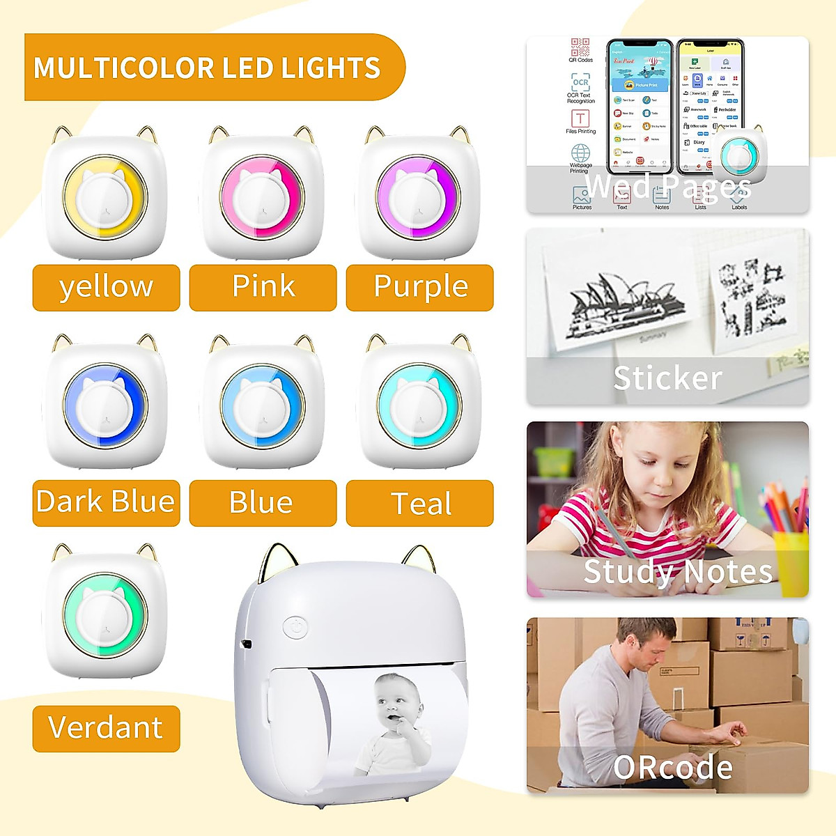 TXFTRR Mini Pocket Printer - Portable Thermal Printer with Light & 5 Colorful Pens, 5 Rolls Thermal Paper and 5 Rolls Adhesive Sticker Paper, Inkless Sticker Printer for Photo Journal Notes