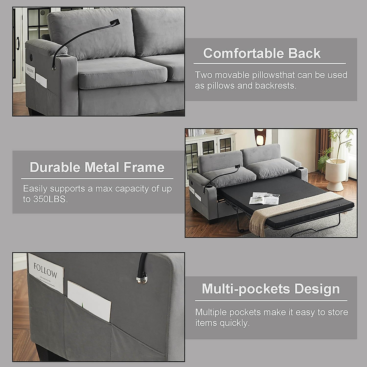 NHX 74” Pull Out Sofa Bed Sleeper Couch with Memory Foam Mattress, Queen Size Sofa, Full Size Mattress Modern,Loveseat Sleeper for Living Room, Full Size (Dark Grey, Full)