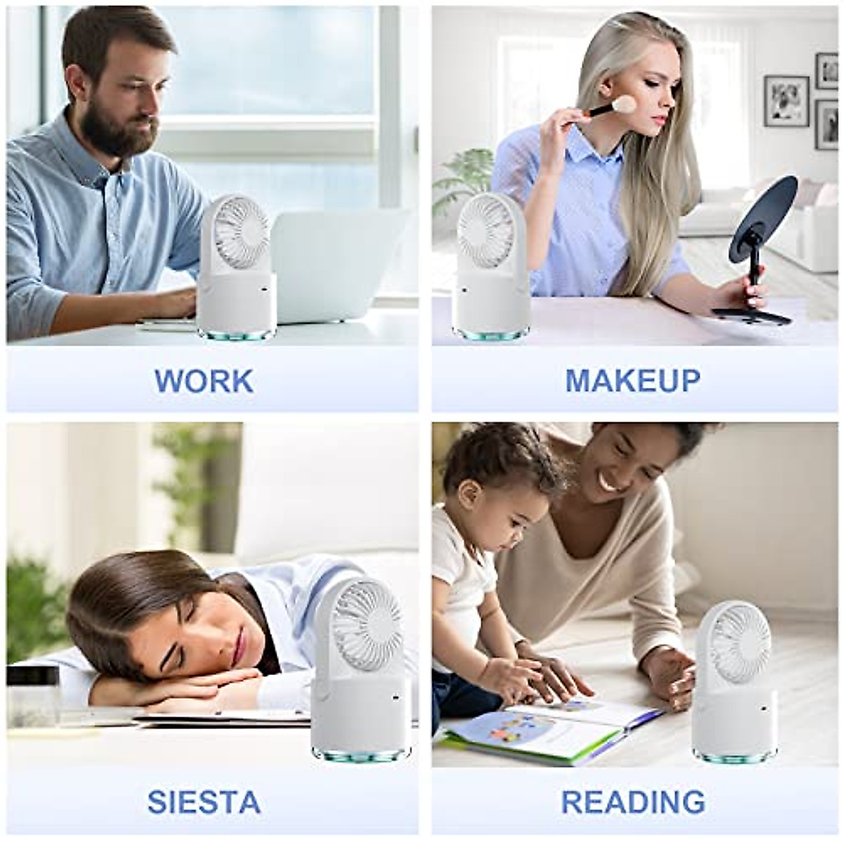 KECYCEYN Desk Fan, Small Cooling Misting Fan with Large Water Tank and 7 Colorful Nightlight, 3 Speeds Rechargeable with 2000mAh Battery Powered Personal Fan for Outdoors, Office, Home(Black)