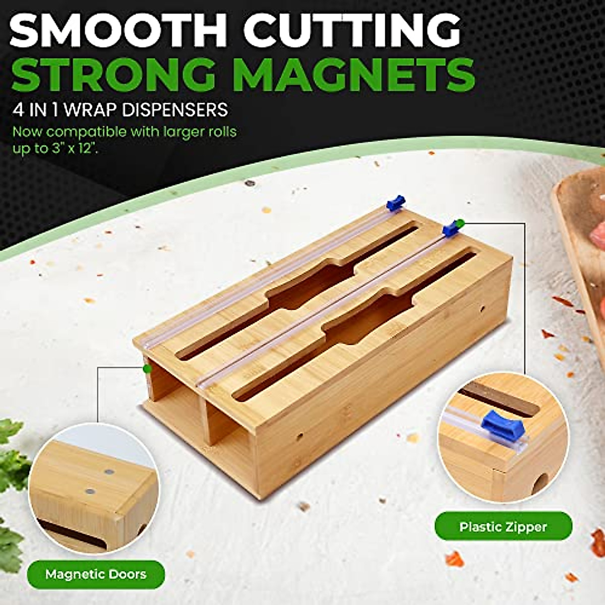 AGILILY 9 IN 1 Bamboo Storage Bag Organizer for Kitchen Drawer, Plastic Wrap and Foil Dispenser with Cutter, Compatible with Gallon, Quart, Sandwich and Snack Variety Size Bags (Natural, 3.5” High)