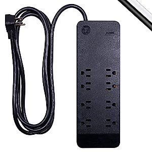 GE UltraPro 8-Outlet Surge Protector, 8 Ft Extension Cord, 2160 Joules, 4 Adapter Spaced Outlets, Flat Plug, Integrated Circuit Breaker, Power Filter, Wall Mount, UL Listed, Black, 37055