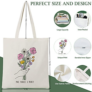 Andeiltech Canvas Tote Bag for Women Aesthetic Floral Tote Bag Wildflower Printed Book Lover Shoulder Reusable Grocery bags