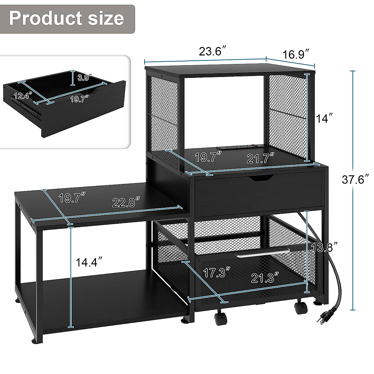 PUNCIA Mini Fridge Stand with Storage Coffee Bar Cabinet with Power Outlet Beverage Wine Refrigerator Table Microwave Oven Stand Rack with Large Capacity Drawer and Basket for Home Office Dorm