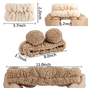 AHONEY Spa Bear Ears Headband, Face Wash Headband and Wristband Set, Cute Makeup Skincare Headbands Wrist Bands for Washing Face Elastic Fluffy Headband for Women Girls Cosmetic (Khaki)