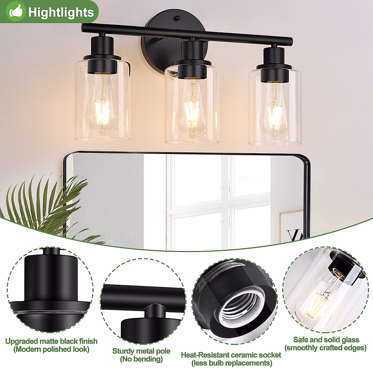 3-Light Bathroom Light Fixtures, Black Bathroom Wall Lights, Modern Bathroom Vanity Light with Clear Glass Shade, Bathroom Wall Lamp for Mirror Kitchen Bedroom Living Room Hallway Cabinet Porch