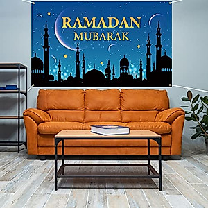 KYMY Large Ramadan Mubarak Porch Sign with 70.8 X 47.2 inch,Muslim Ramadan Banner for Eid Mubarak Party Backdrop,Islamic Hanging Banner for Indoor and Outdoor Ramadan Mubarak Decorations