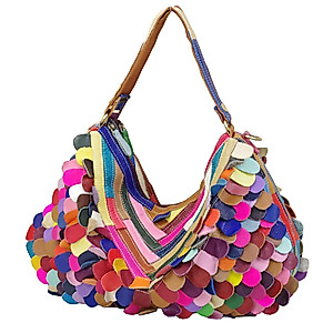 Segater® Women’s Full Sheepskin Tobo Bag Multicolour Patchwork Shoulder Bag 3D Leaf Stripe Pattern Colorful Tassel Handbag Purses Multicoloured