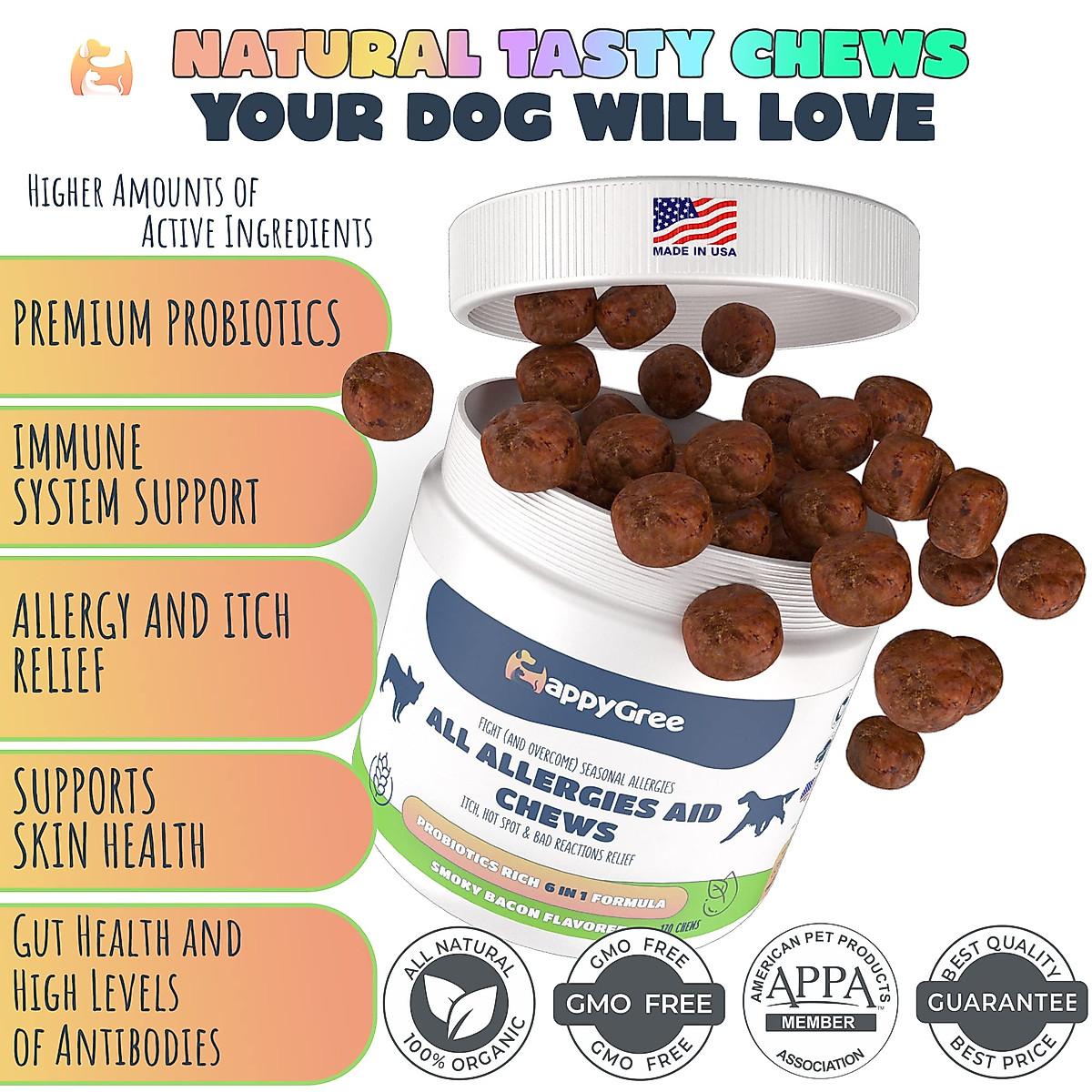 Best All Allergy Immune Supplements for Dogs- Made in USA- Omega 3 Wild Salmon Oil + Vitamins & Minerals- Seasonal Allergies Support- Itch & Hot Spots Relief- Digestive Probiotics | 170 Soft Chews