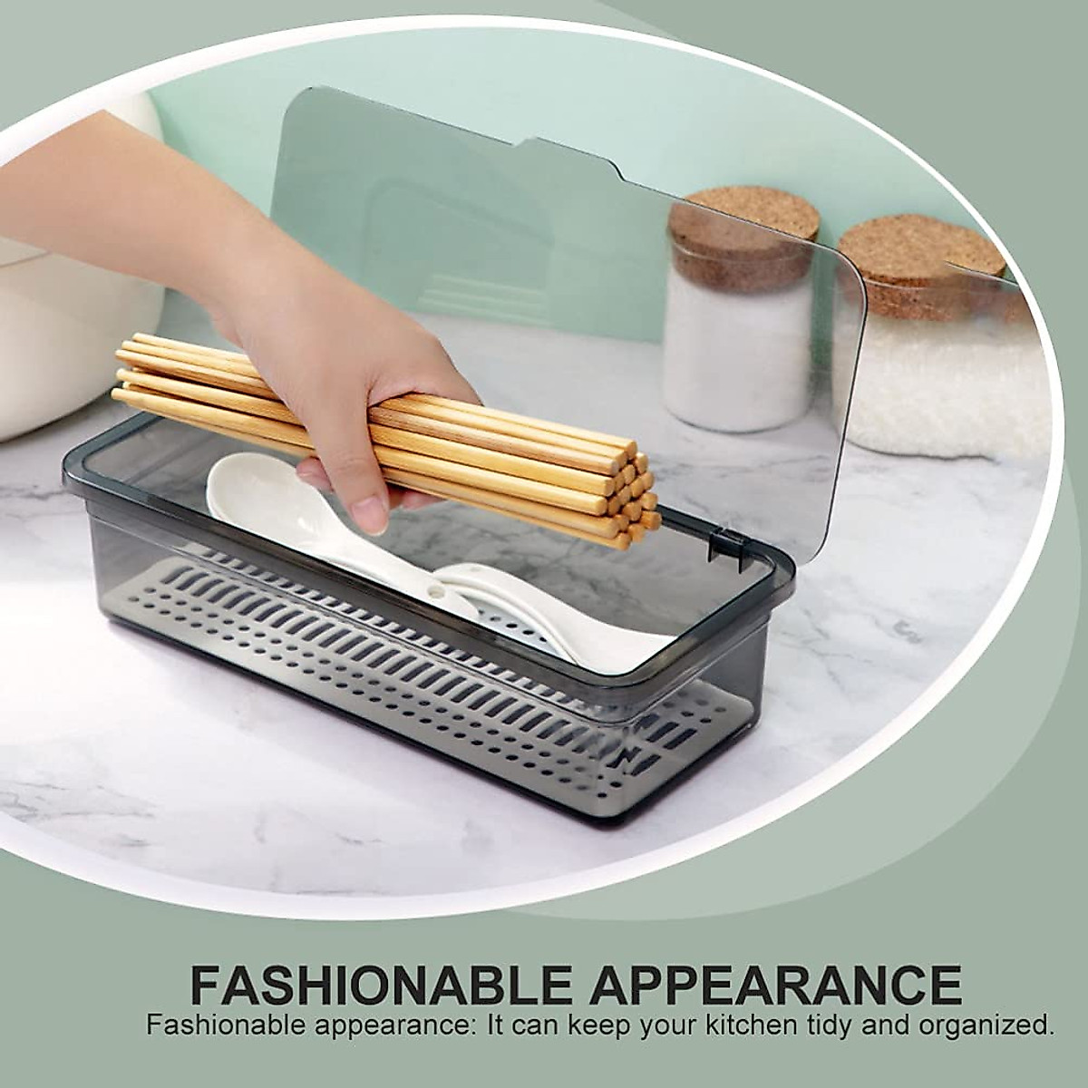 Cabilock 2Pcs Flatware Tray with Lid, Kitchen Cutlery Tray and Utensil Drawer Organizer, Silverware Countertop Storage Container with Cover Backflow Preventer