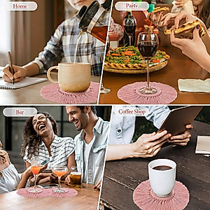 2 Pack Macrame Pink Coasters for Drinks, 7in Woven Boho Coaster Set, Handmade Absorbent Cotton Boho Coasters for Wooden Table Decor Boho Home Decor Housewarming Gift