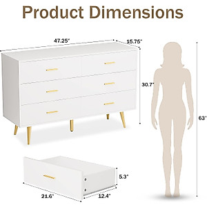 RESOM White Dresser for Bedroom, 6 Drawer Wooden Double Dresser with Gold Handles, Modern Chest of Storage Dresser with Deep Drawers for Living Room, Hallway
