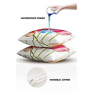 Outdoor Waterproof Throw Pillow Covers Set of 2, Elegant Tulip Flower Outdoor Pillow Covers Decorative Cushion Covers for Patio Funiture Garden, 18 x 18 Inches, Floral Pink Red