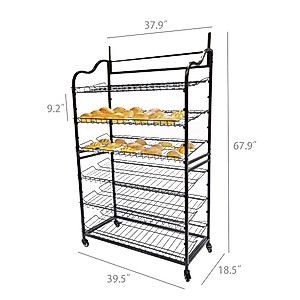 FixtureDisplays® Wide Metal Bakery Display Rack on Wheels, 6 Shelves with Header Holder, 39.5" Wide X 18.5" Deep X 67.8" Black 19399-New-NF