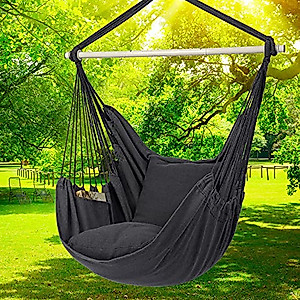 Y- Stop Hammock Chair Hanging Rope Swing, Max 500 Lbs, 2 Seat Cushions Included, Quality Cotton Weave for Superior Comfort, Durability with Hardware kit (Dark Grey)