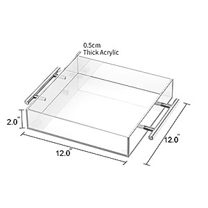 Richboom Clear Acrylic Serving Tray 12"x12" - Coffee Table Living Room Kitchen Decorative Tray with Silver Metal Handles, Bathroom Vanity Tray Perfume Cosmetic Storage Organizer