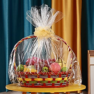 50 Packs Large Clear Cellophane Basket Bags 24" x 30" Cellophane Basket Gift Bags Heavy-duty Plastic Wrapping Paper for Gifts, Arts, Crafts, Treats, Chiffon Ribbon Included
