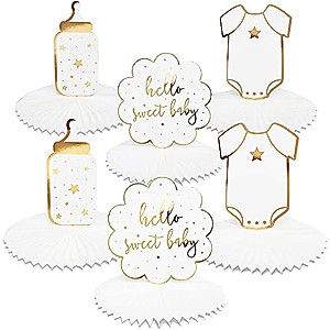 Honeycomb Centerpiece, Gold Foil Baby Shower Decorations (3 Designs, 6 Pack)